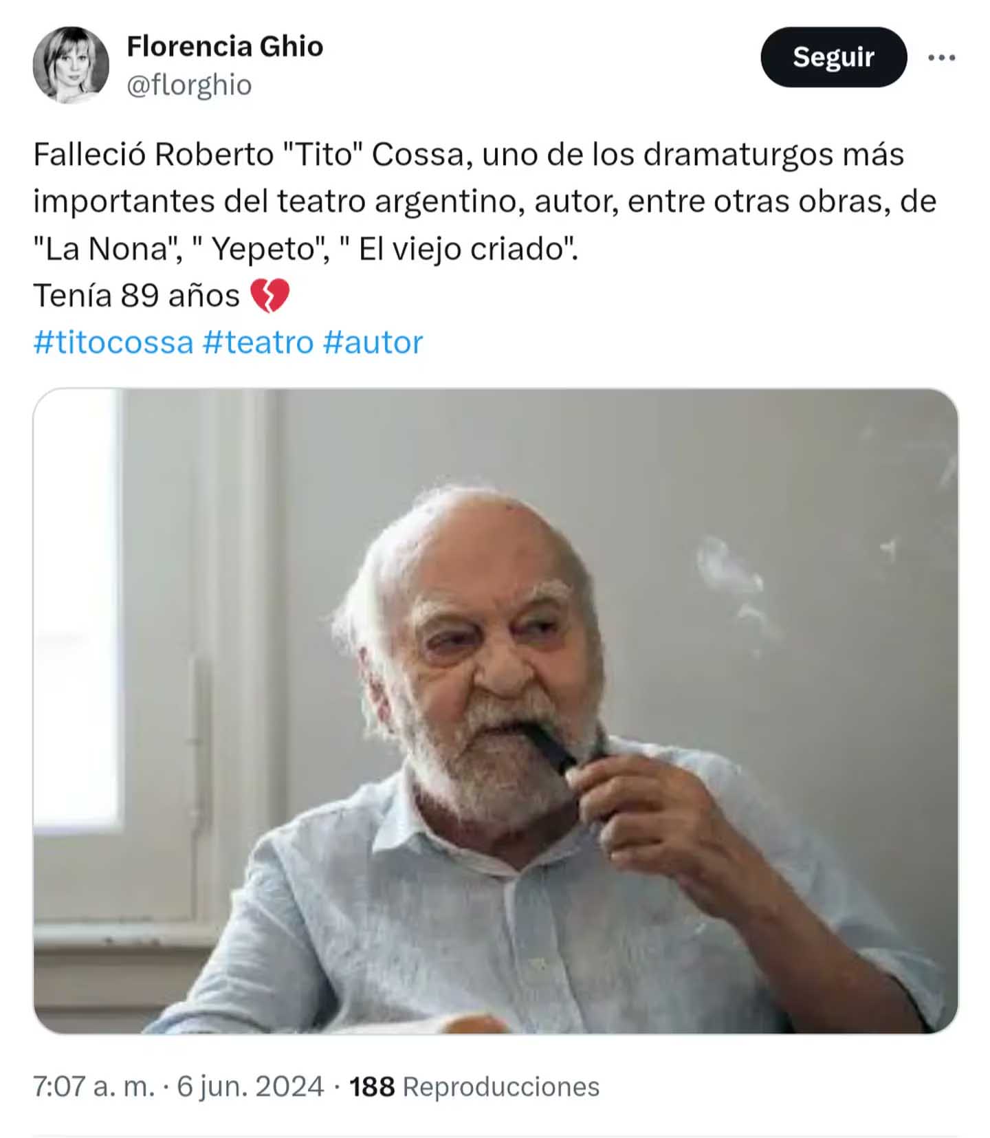 Murió el dramaturgo Roberto “Tito” Cossa, autor de obras icónicas como “La Nona” y “El viejo criado”
